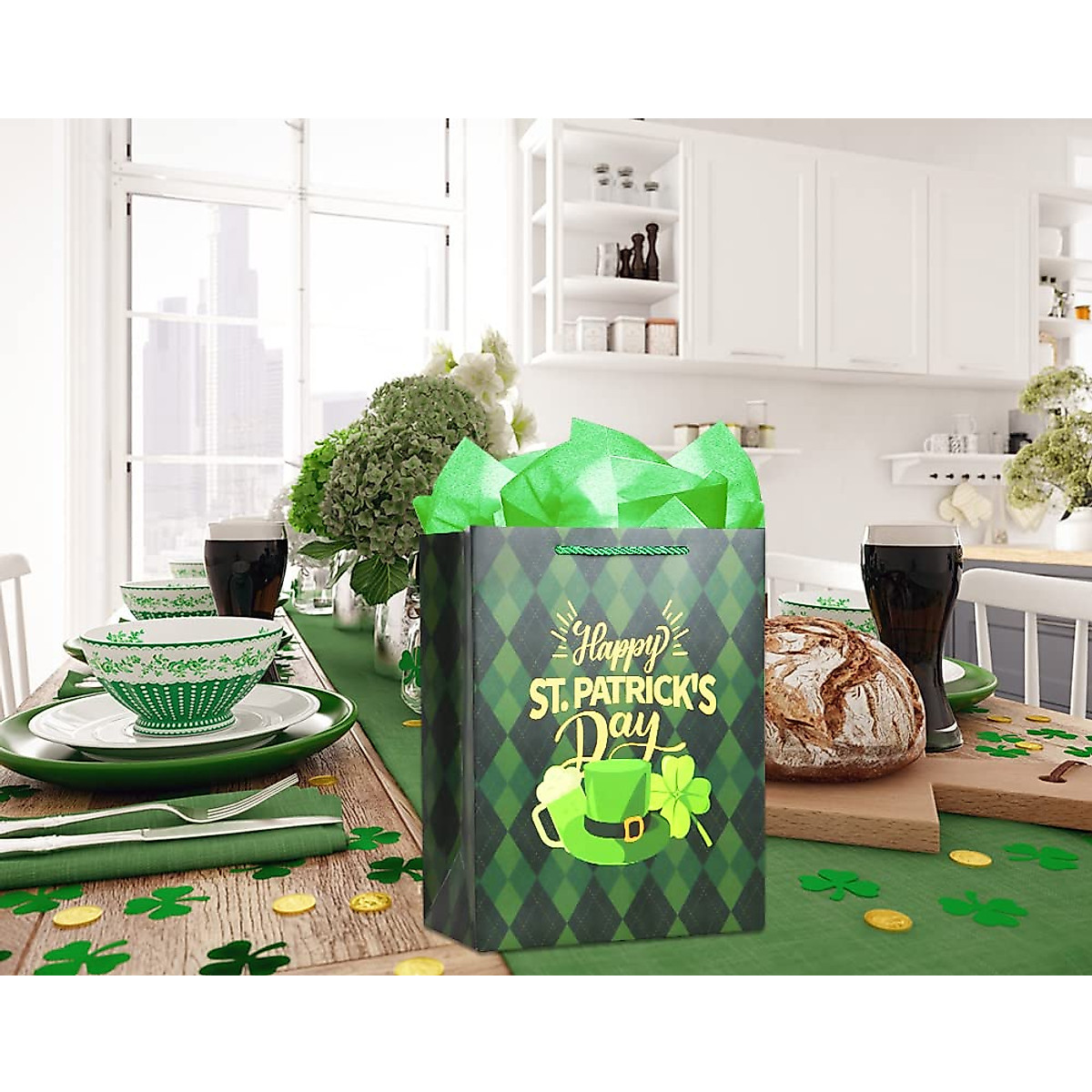 D4DREAM Happy St Patrick's Day Gift Bags 11.5" Large Green Buffalo Plaid Gift Bag with Tissue Paper St. Patricks Day Gift Wrapping Bag with Handle for Kids Classroom Party Favor Supplies
