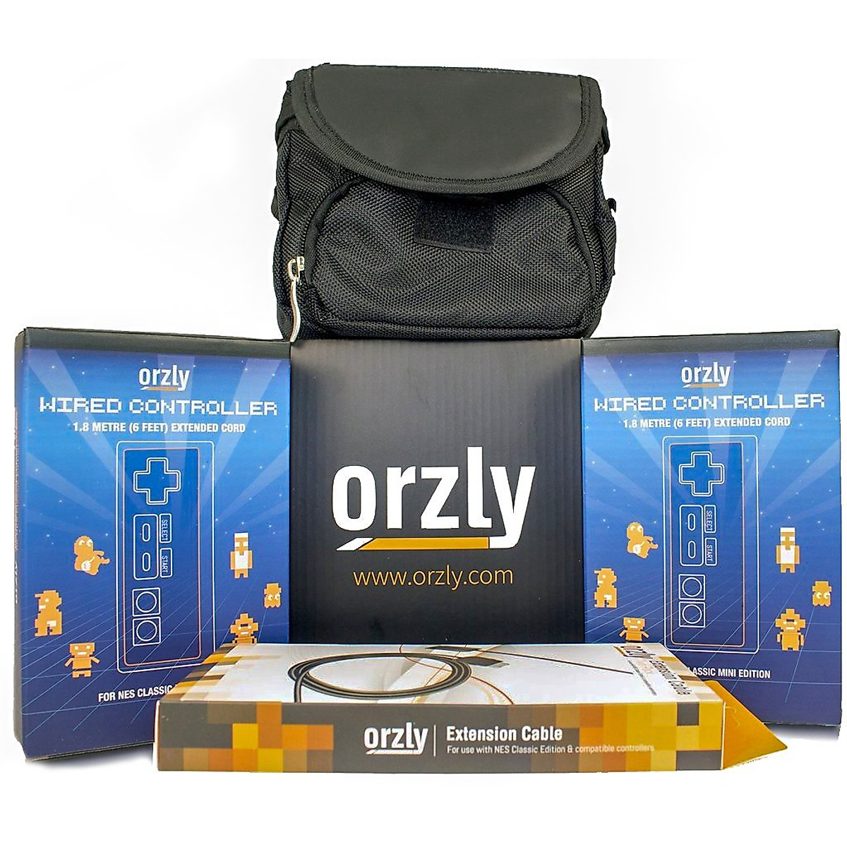 Orzly Essentials Accessory Pack for Nintendo NES Classic (NES Mini) - Accessories Bundle Includes 2X Control Pads, 2X Cable Extension Leads for Controllers and 1x Travel Bag (Console Not Included)