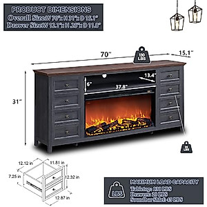 SinCiDo Fireplace TV Stand for TVs up to 80 Inches, Farmhouse Entertainment Center w/36 Electric Fireplace & 4 Faux Double Drawers, Large Media Console Cabinet for Living Room, 70 Inch, Dark Grey