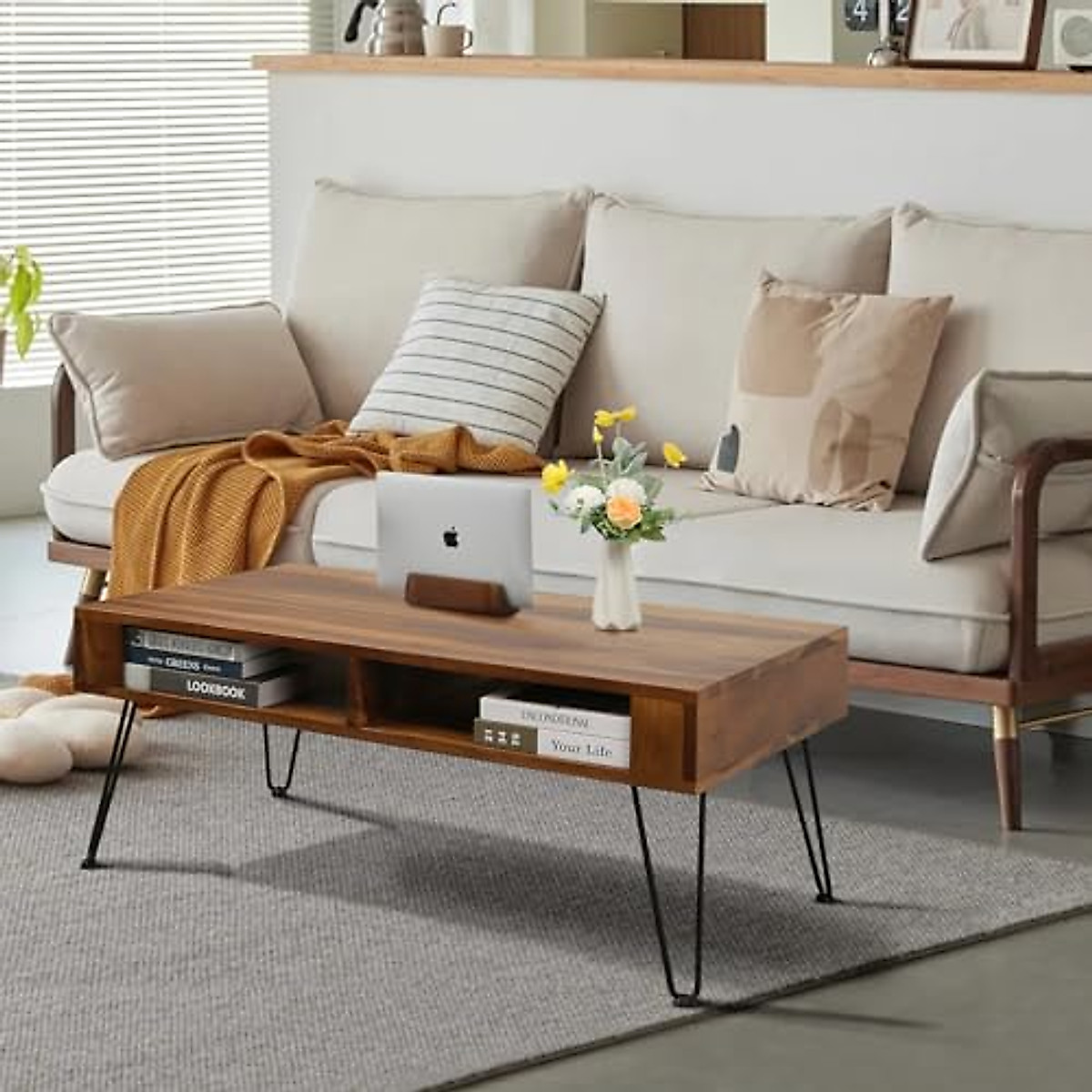 Danrelax 39.4 Inches Coffee Table, Mid Century Modern Coffee Table with Storage Space, Natural Wood Coffee Table with 4 Hairpin Legs, 39.4" Lx24 Wx18 H, Vintage Brown