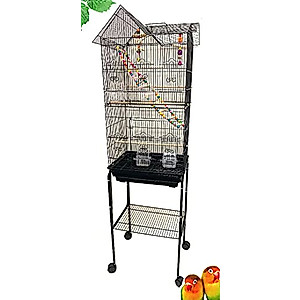 Large Canary Parakeet Cockatiel Lovebird Finch Roof Top Bird Cage with Stand -18"x14"x63" (Black with Toy)