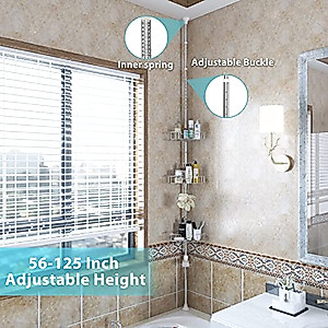 DAKEPOLE Rustproof Tension Shower Caddy, Stainless Steel Corner Stand Storage Organizer with Tension Pole for Bathroom Bathtub Shampoo Soap Plants, 4-Tier Adjustable Shelves,54 to 125 Inch