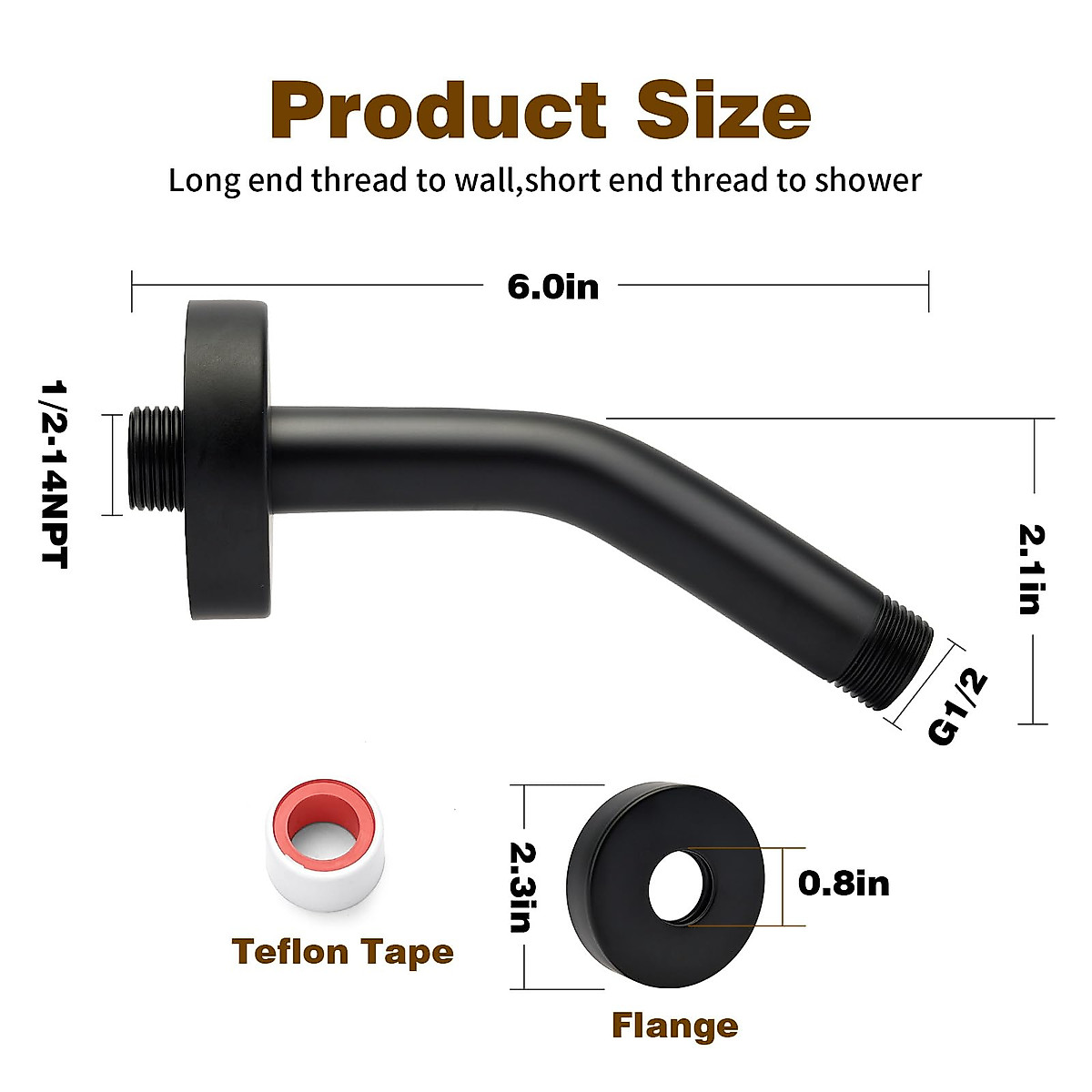 Shower Arm with Flange and Teflon Tape,304 Stainless Steel Shower Head Extension Pipe Arm for Wall-Mounted For Fixed Shower Head & Handheld Showerhead Never Rust(6 Inch,Matte Black)