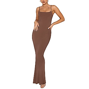 REORIA Women's Sexy Casual Lounge Slip Long Dress Elegant Wedding Guest Sleeveless Backless Ribbed Bodycon Maxi Dresses Coffee X-Small