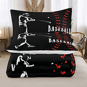 MWMWMW Boys Queen Comforter Set, Sports Theme Baseball Bedding Set for Kids Girls Teens, 3 PCs Soft Microfiber Baseball Player Blanket, 1 Comforter with 2 Pillowcases