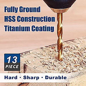 COMOWARE Titanium Twist Drill Bit Set - 13 Pcs Hex Shank High Speed Steel for Wood Plastic Aluminum Alloy, Quick Change, 1/16"-1/4"