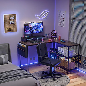 VECELO L Shaped Computer Desk with Storage Bag & Reversible Shelves, 47" PC Wooden Table for Home Office Bedroom, Writing Study Workstation with Metal Frame, Brown