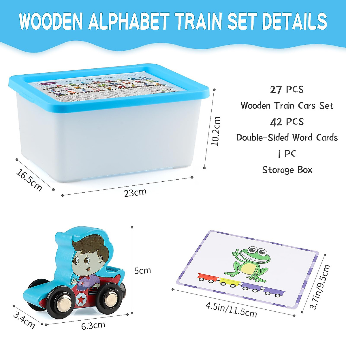 Wondertoys Wooden Alphabet Train Toy 27 PCS Magnetic Alphabet ABC Letter Train Set Includes 42 PCS Flash Cards, 1 Engine and 1 Storage Box for Toddlers Kids Boys and Girls