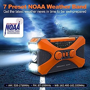 【10000mAh】 Emergency Radio Hand Crank Solar, NOAA Weather Radio Multiple Power Sources,Flashlight, Reading Lamp,Cell Phone Charger, SOS Alarm, Portable AM/FM/WB Radio with Headphone Jack (Orange)