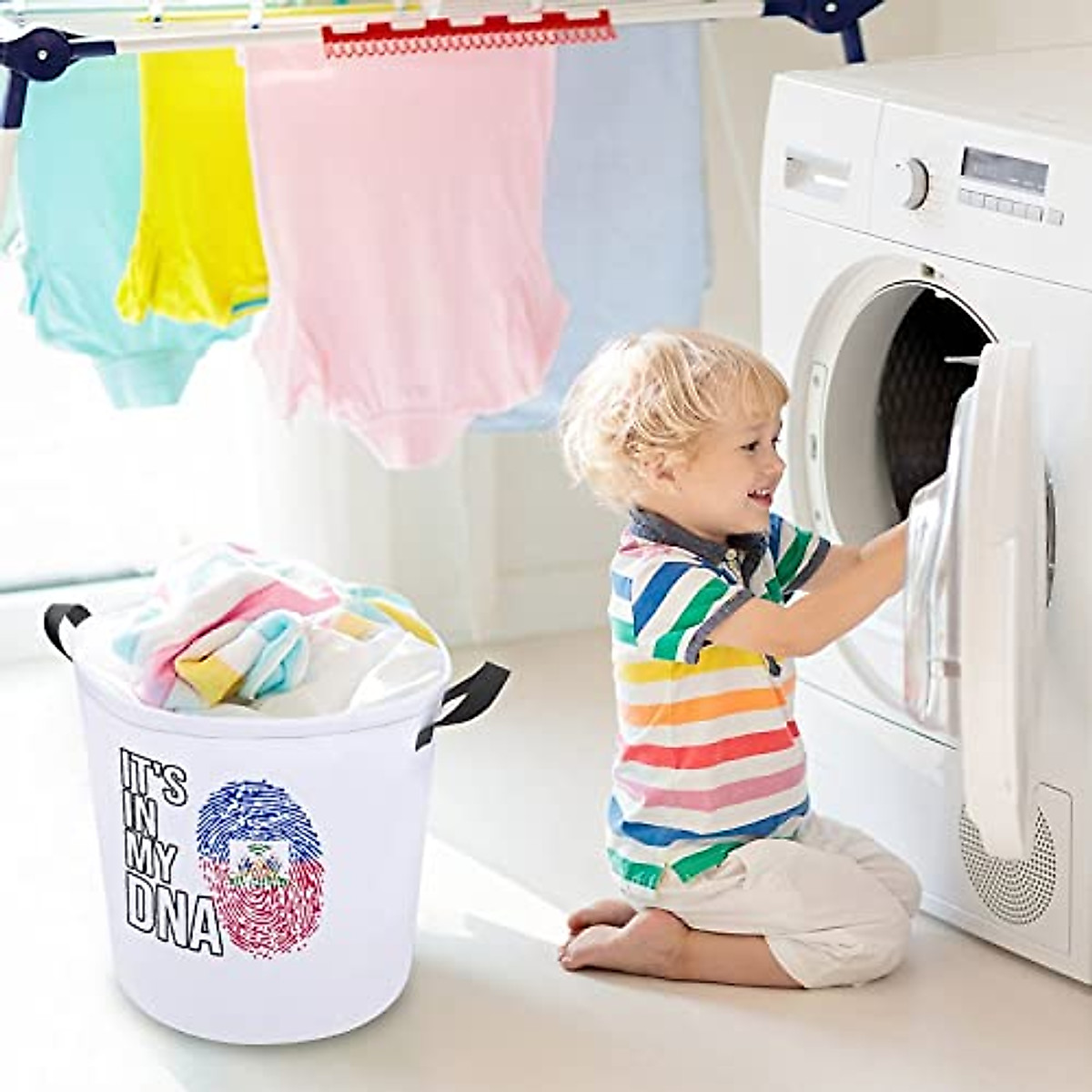 It's in My DNA Haiti Flag Large Laundry Basket Hamper Bag Washing with Handles for College Dorm Portable