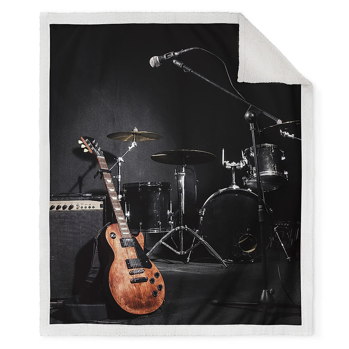 Jekeno Guitar Drum Kit Sherpa Blanket Rock Music Themed Warm Cozy Soft Throw Blanket for Music Enthusiast Adults Kids Boys Gift Sofa Bed Living Room Decor 50"x60"
