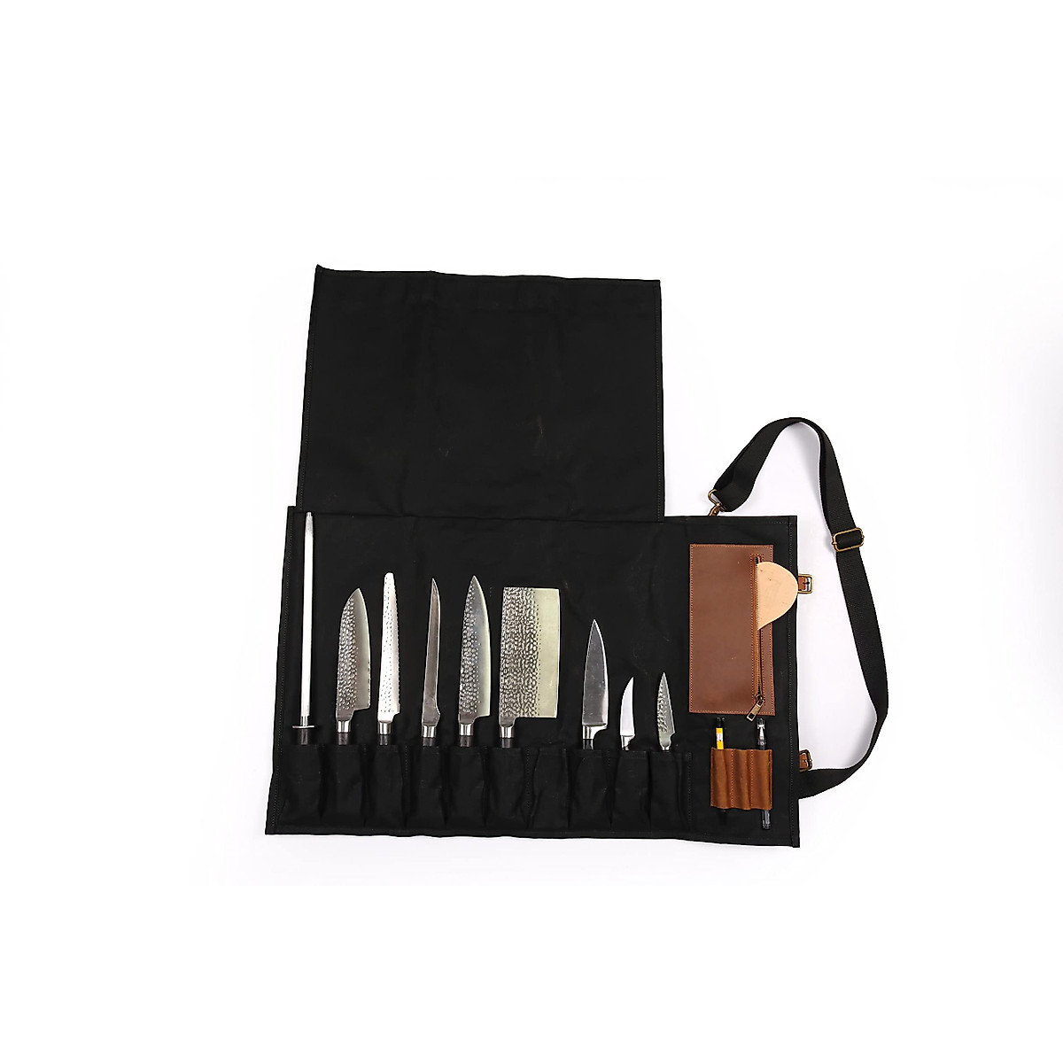 FAFOKitchen-Knife Roll - 12oz Heavy Duty Waxed Canvas & Top Grain Leather Roll Bag – 10 Slots - Interior and Rear Zippered Pockets – Carry Strap