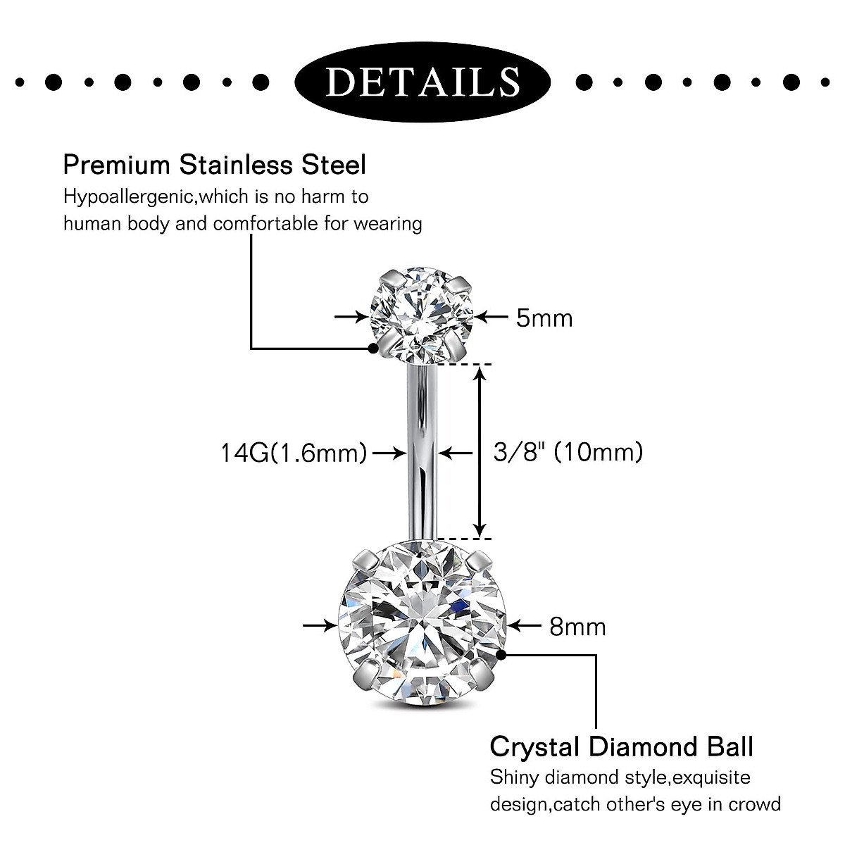 Anicina Belly Button Ring 14G Clear Diamond CZ Belly Rings Surgical Stainless Steel Navel Rings Butterfly Heart Devil Belly Button Piercing Jewelry for Women Silver