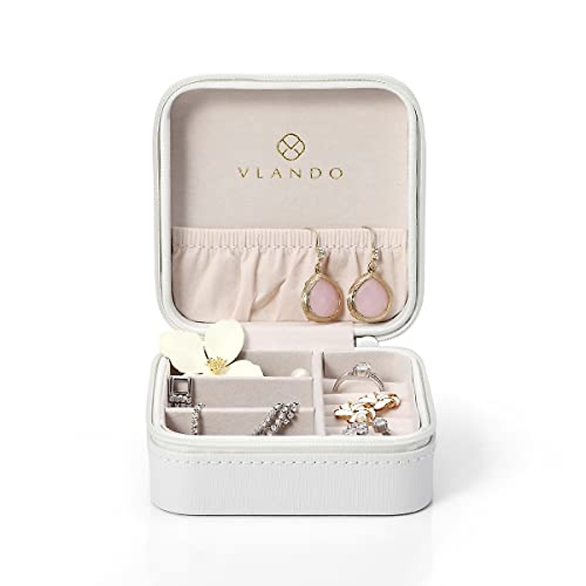Vlando Small Travel Jewelry Box Organizer - Faux Leather Storage Case for Rings Earrings Necklace - Best Gifts Choice for Girls Women, Pearl White