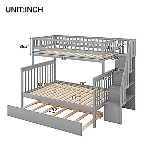 Bunk Bed with Trundle and Staircase, Solid Wood Twin Over Full Bunk Beds Frame with Storage Shelf, Safety Rail for Kids Teens, Can be Separated into 2 Beds (Twin Over Full, Grey)