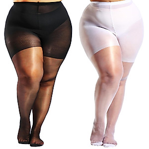 HONENNA 2 Pairs Plus Size Sheer Tights for Women, 17 Colors Ultra Thin Pantyhose Reinforced Toes High Waist Stockings, Black + White 2 Pairs 1XL-2XL