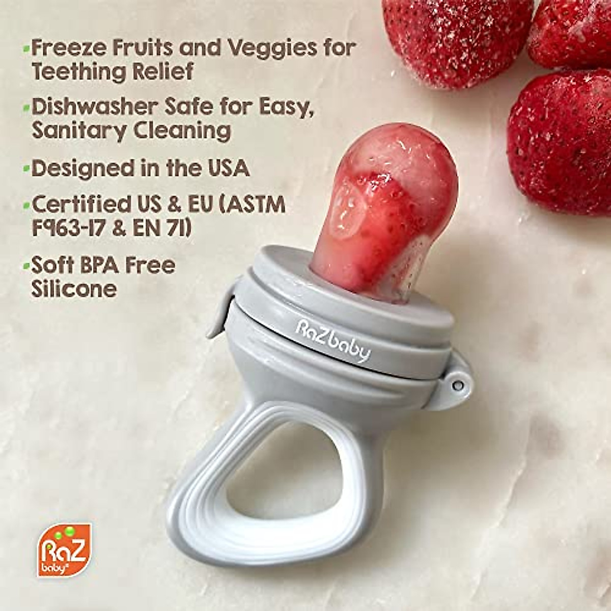 RaZbaby Baby Solids/Frozen Fruit Feeder Pacifier, Infant Teether Toy 6M+, BPA-Free Silicone Pouch & Nipple, Safely Introduce Solids, Teething Relief, Dishwasher Safe, Freezable, 2-Pack – Grey & Tan