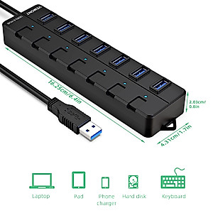 USB hub,7 Port USB 3.0 Hub,VEMONT USB Splitter with Individual On/Off Switches and Lights, 4ft/1.2m USB HUB Long Cable, USB Extension for Laptop and PC Computer