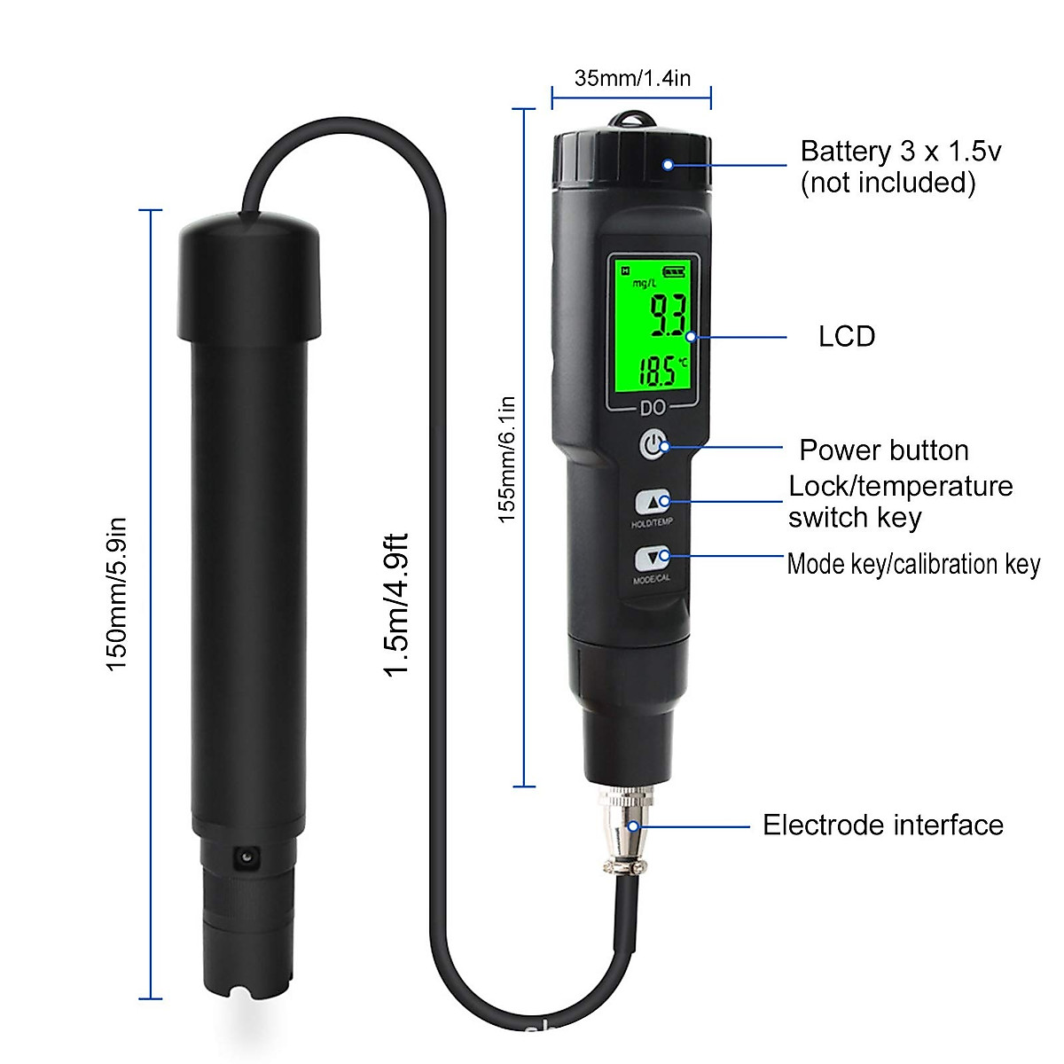 Hyuduo Digital Dissolved Oxygen Meter PH Water Quality Temperature and Humidity Meter Analyzer for 0.0‑40.0mg L Oxygen Concentration Portable DO Pen