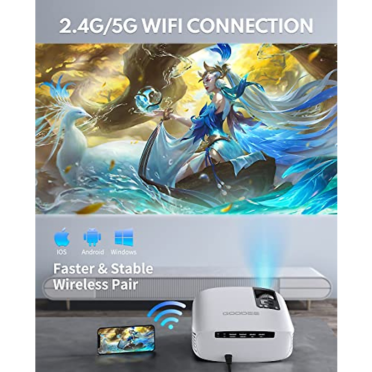 5G WiFi Bluetooth Projector Native 1080P, GooDee Outdoor Movie Projector with 300" Display Video Projector with Zoom & 4 Point Keystone for TV Stick, iOS, Android Dolby Audio & 4K Projector Support