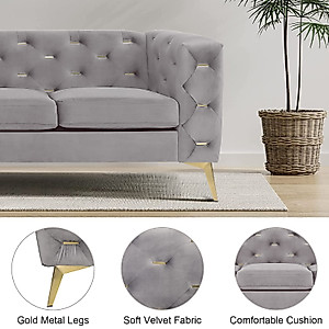 LEVNARY Modern Chesterfield Sofa, Velvet Button Tufted Upholstered 3 Seater Couch, 84 Inches Settee Sofa with High Arm and Golden Metal Legs, Couches for Living Room Bedroom Office (Gray)