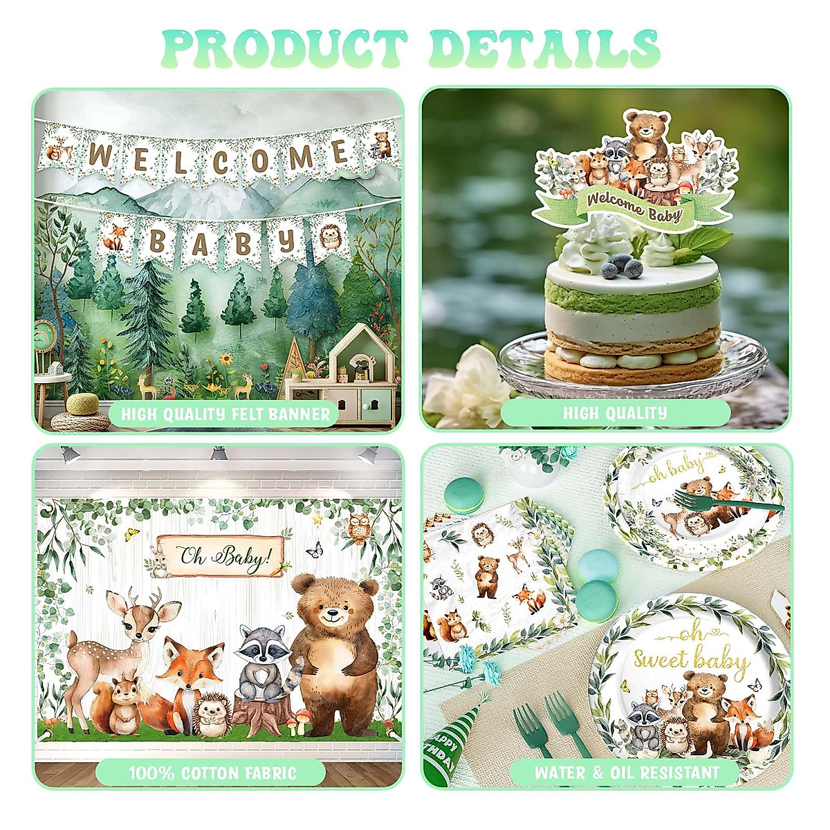 Hombae Woodland Baby Shower Supplies, Forest Animal Neutral Baby Shower Decorations, Baby Shower Decorations For Boy, Backdrop Balloon Banner Tablecloth Cake Topper, Plates, Napkins, Forks