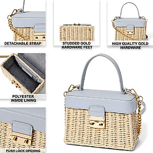 Like Dreams Small Summer Bag for Women Woven Straw Crossbody Vegan Leather Top Handle Plaid Inner Purse (Soft Blue)