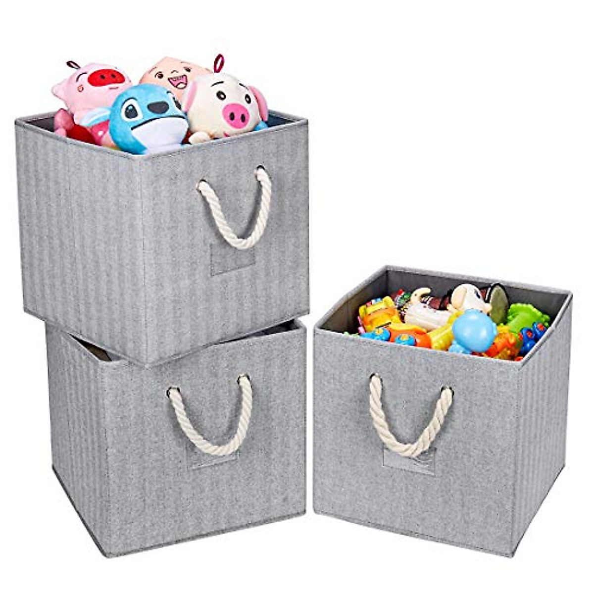 Robuy Cube Storage Bins,Grey Fabric Foldable Storage Bins,Set of 3 Stroage Boxes with Cotton Rope Handles for Organizer Home,Office, Nursery 13x13x13 inch
