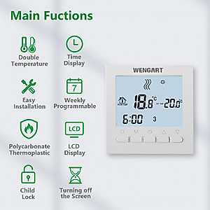 Wengart Heating Only Thermostat WG02B04,AC110 3Amp 7-Day Programmable Work for Warm-Water Floor Heating Temperature Controller White