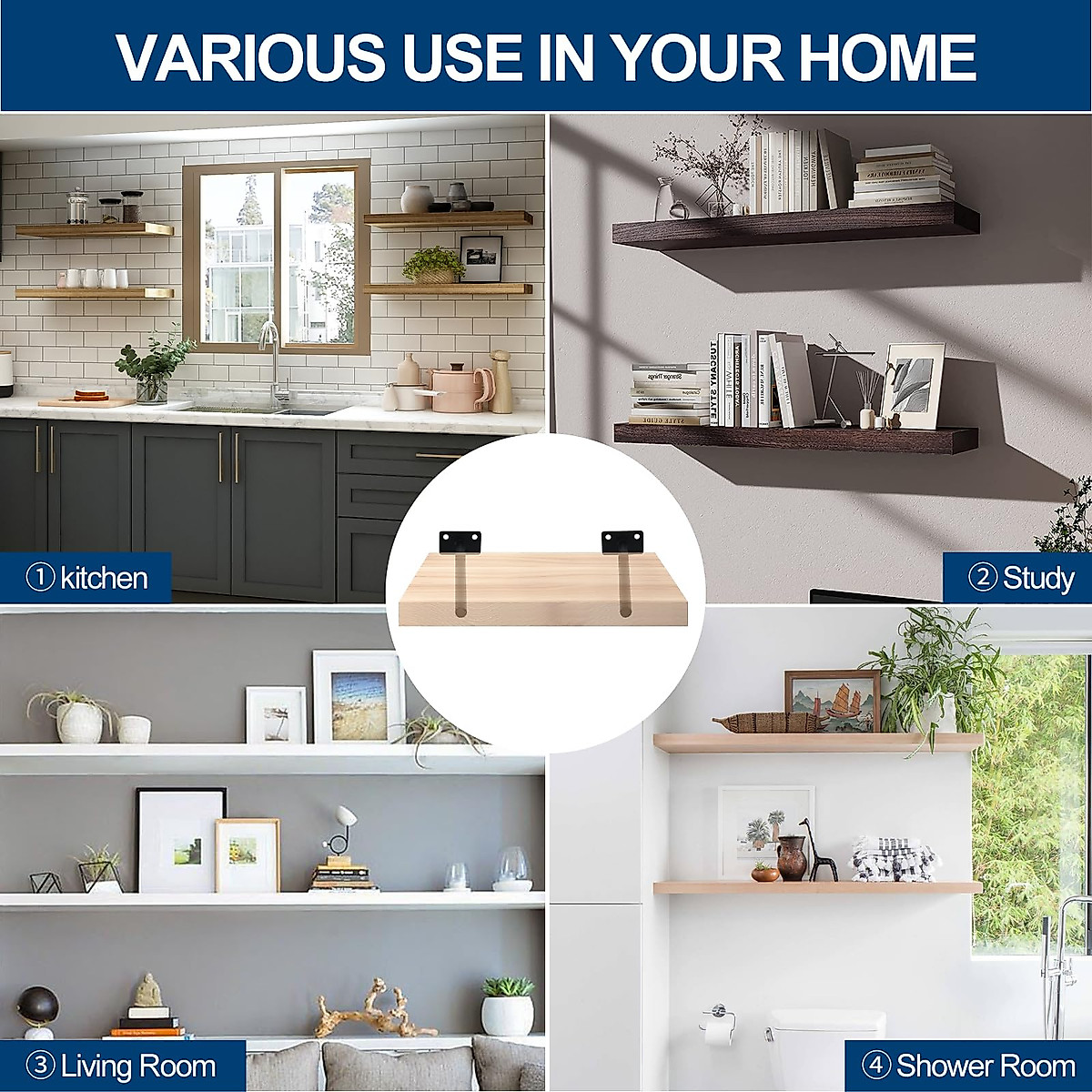 MHMYDZ 8 Pcs 6" Black Solid Steel Floating Shelf Bracket Blind Shelf Supports - Hidden Brackets for Floating Wood Shelves - Concealed Blind Shelf Support – Screws and Wall Plugs Included