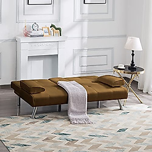 FULife Tufted Upholstered Futon Sofa Convertible Sleeper Couch Bed Daybed Loveseat,Folding Recliner with 2 Cup Holders,Removable Soft Pillow-Top Armrest,3 Angles for Living Room Small Place