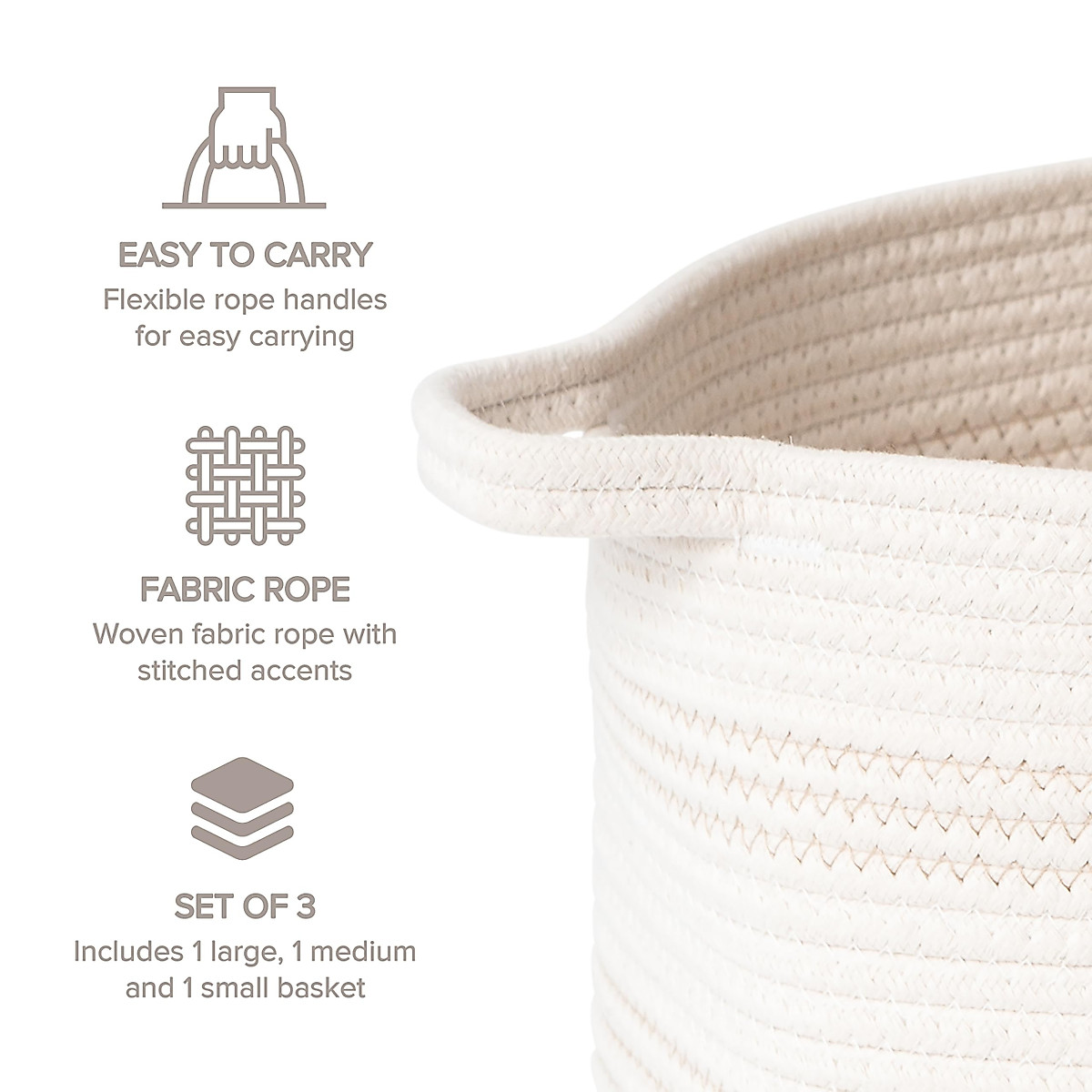 RGI Home Dog Toy Storage Baskets – Set of 3 Oval Fabric Rope Organizer Bins for Pet and Household Storage, Multi-Sized with Easy-Carry Handles, Durable and Stylish, Charcoal Gray on Ivory