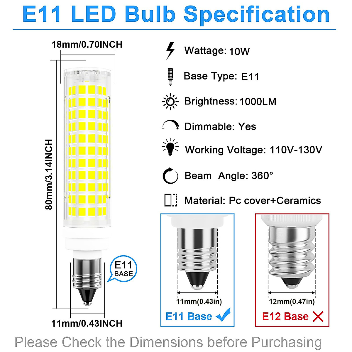TAIYALOO E11 LED Bulb 100W Halogen Bulbs Equivalent,T4 Mini Candelabra LED Bulb Dimmable,Daylight White 6000K,10W 1000LM JDE11 120V 100W LED for Ceiling Fans,Chandeliers,Cabinet Lighting,4 Pack
