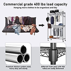 Heavy Duty Garment Rack on Wheels, Portable Clothes Racks for hanging clothes, Simple Sturdy Wardrobe Rack with Double Hanging Bar, 2 Hanger Hooks - Hold Up to 400Lbs (Black, 2Rod 2Hook)