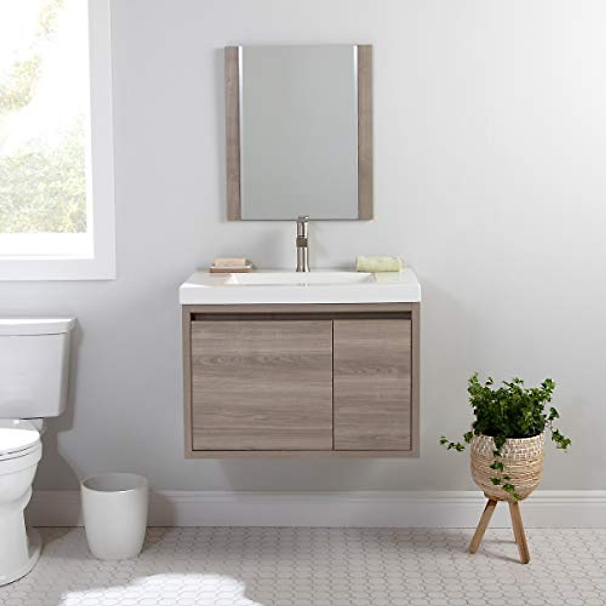 Spring Mill Cabinets Kelby 30 Inch Modern Floating Bathroom Vanity with White Single Sink Top, 1-Door Cabinet, 1 Soft-Close Drawer, 30.5" W x 18.75" D x 22.25" H, Forest Elm