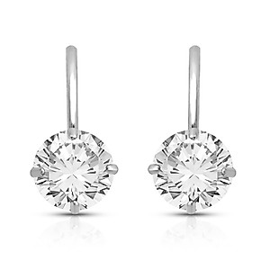 Jewelili 10K White Gold 7 MM Round White Cubic Zirconia Lever Back Earrings
