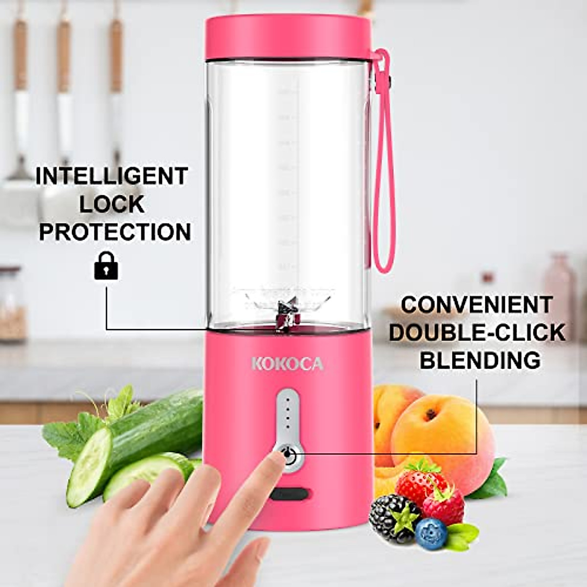 Portable Blender for Shakes and Smoothies, KOKOCA Personal Travel Blender for Protein with 4000mAh USB Rechargeable Battery, Crush Ice, Frozen Fruit and Drinks, 18 oz Mini Cup, Pink 1