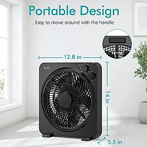 Grelife Table Fan, 14"" Box Fan with 3 Adjustable Speeds, Quiet Running, Fast Cooling Desk Table Fan with 120 Min Timer, Portable Compact Design for Bedroom Home Office Desktop Household, Black