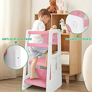 Nursery Kitchen Step Stool w/ 3 Adjustable Heights Toddler Standing Tower Kids Learning Stool w/Double Safety Rails & Non-Slip Foot Pads Cooking Stool Stand Helper Bathroom Counter Footstool (Pink)