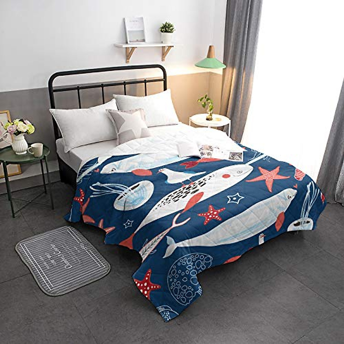 Cool Summer Bedspread Quilt Submarine Fauna Narwhal Sea Star Jellyfish All-Season Comforter Duvet Insert or Stand-Alone Comforter, Comfortable Air Conditioning Bed/Sofa Blanket for Adults Kids 82x85in