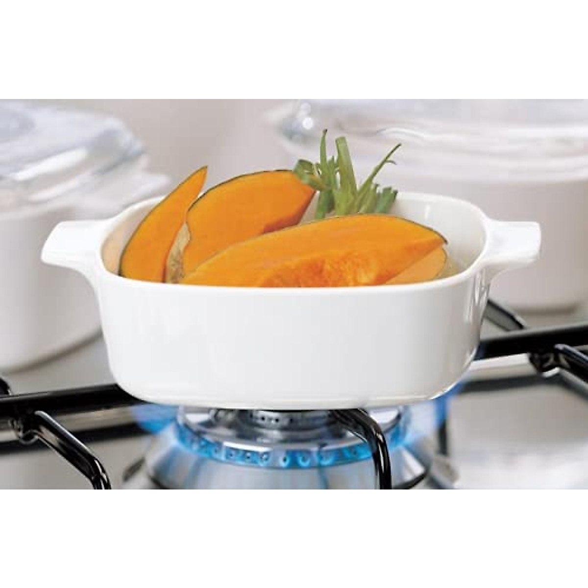CorningWare 4 Piece Pyroceram Classic Casseroles 2.4 qt/2.25L Round & 2.1 qt/2L Square Cooking Pots With Handles & Glass Lid - White