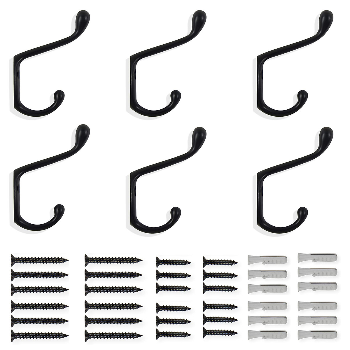 brightmaison 6 Pack Heavy Duty Dual 3.5inch Coat Hooks Wall Mounted with 24 Screws Retro Double Hooks Utility Black Hooks for Coat, Scarf, Bag, Towel, Key, Cap, Cup, Hat (Black)