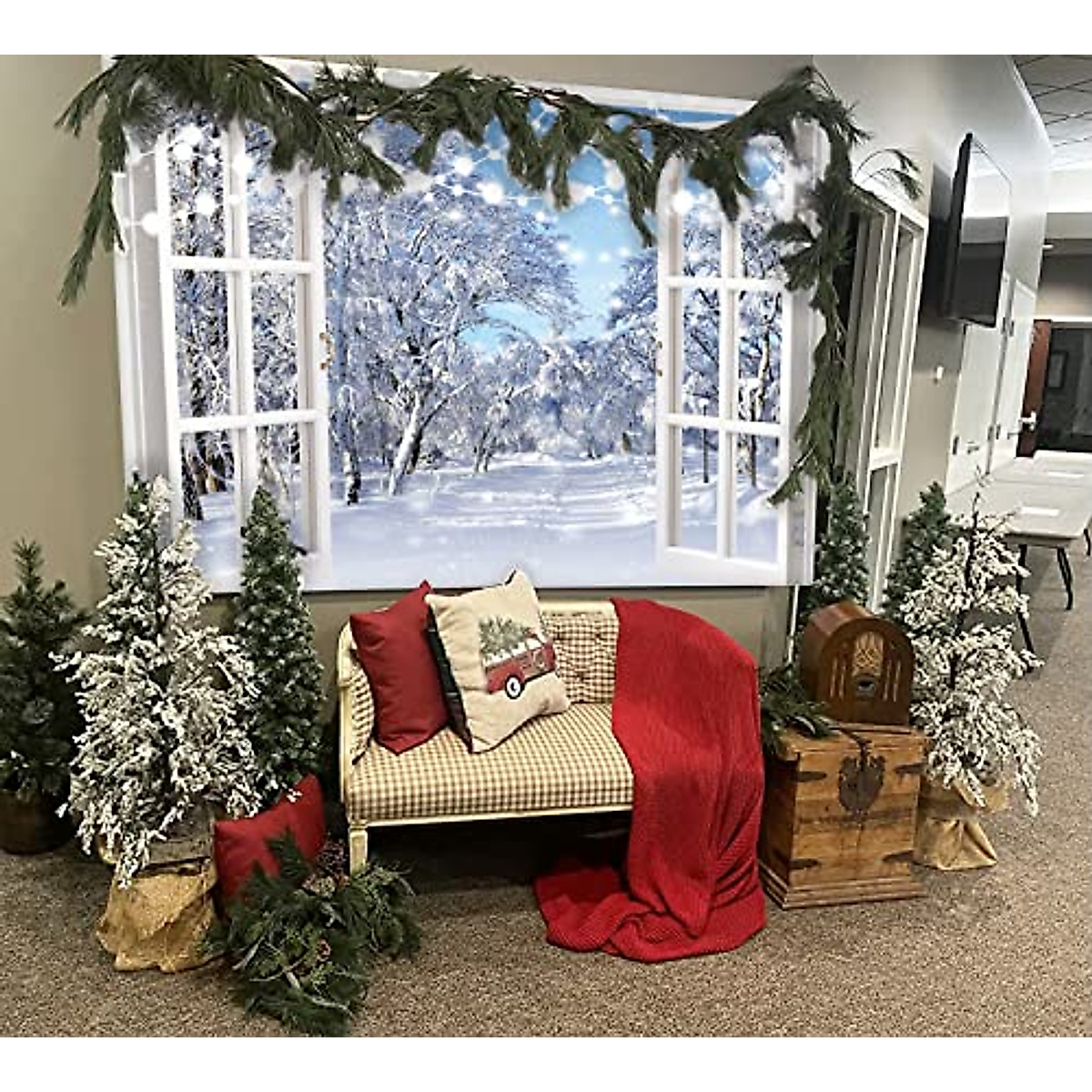 BINQOO 7x5ft Winter Landscape Window Photography Backdrop Christmas Snow Trees Scenery Background Baby Shower Kids Birthday Party Portrait Photo Studio Props