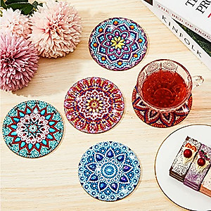 5 Pcs Diamond Painting Coasters DIY Mandala Coaster for Drinks with Holder Round Wooden Cute Coasters Bar Coasters for Beginners Adults Kids Art Craft Supplies Kinds of Cups Table Housewarming Gifts