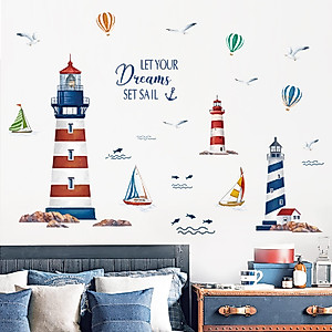 wondever Nautical Lighthouse Wall Stickers Sailboat Seagull Peel and Stick Wall Art Decals for Kids Bedroom Baby Nursery Living Room
