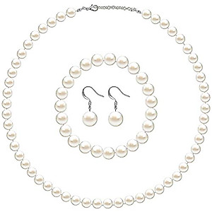 Yaomiao 4 Pieces 1920s Faux Pearl Strand Costume Jewelry Sets Simulated Pearl Necklace Bracelet Earrings for Women Girls (Beige,8 mm)