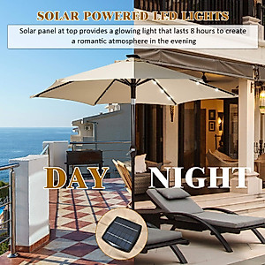 Tangkula 9FT Solar Powered LED Lighted Patio Umbrella, Table Market Umbrella with Tilt and Crank, Outdoor Umbrella with 6 Sturdy Ribs for Garden, Deck, Backyard & Pool (Beige)