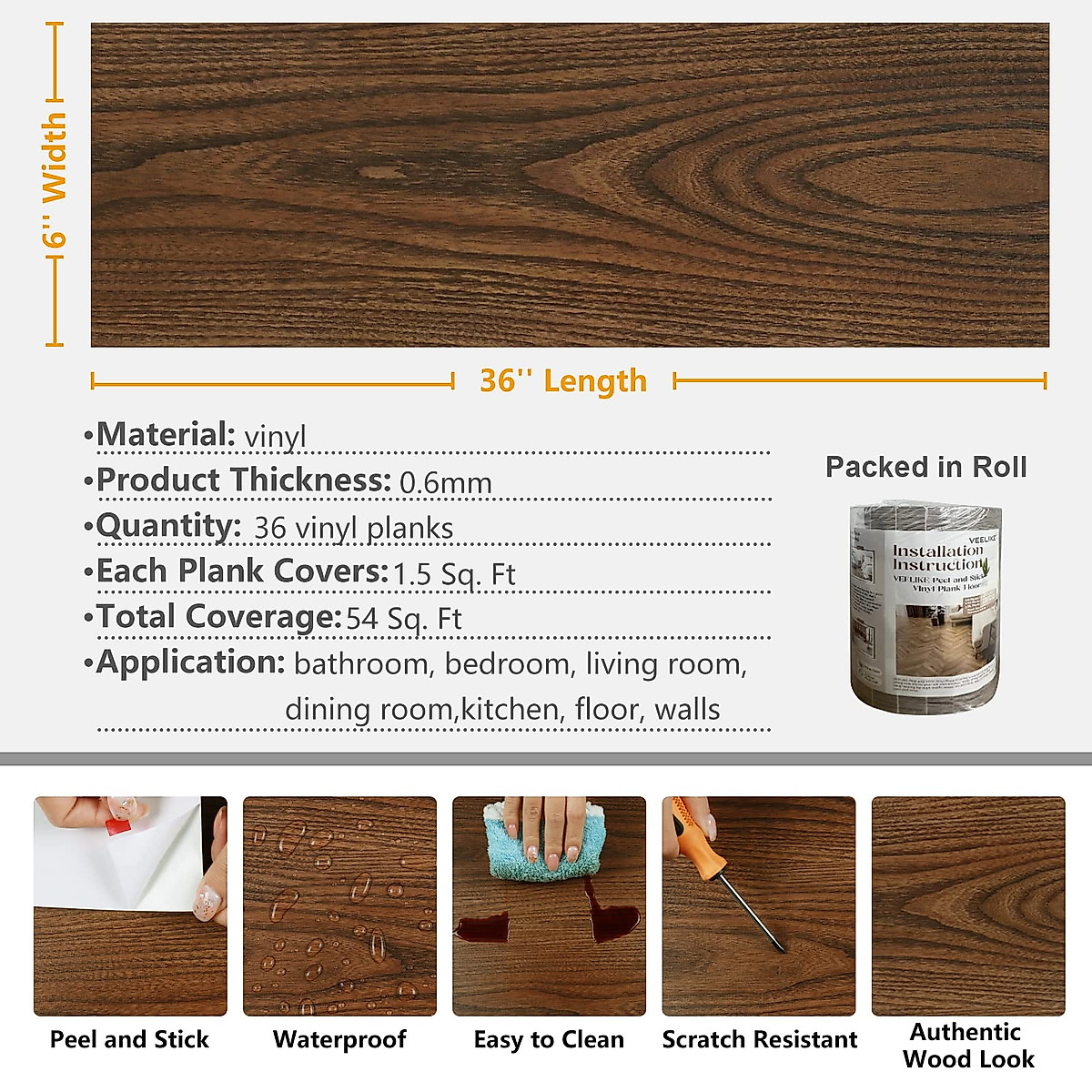 VEELIKE 36-Pack Brown Chestnut Wood Peel and Stick Floor Tile Bathroom Waterproof Wood Look Vinyl Flooring Planks 6''x36'' Self Adhesive Brown Flooring for Bedroom Living Room Kitchen