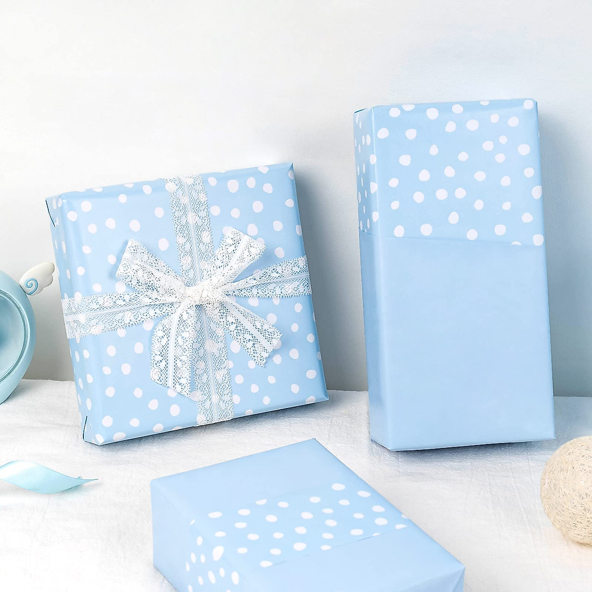 WRAPAHOLIC Reversible Wrapping Paper - Mini Roll - 17 Inch X 33 Feet - Light Blue and Delicate Polka Dots Design for Birthday, Holiday, Wedding, Baby Shower