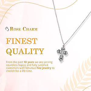 RoseCharm Cross Necklace, Stainless Sterling Silver, Stunning & Charmful Pendants, Faith & Elegance, Religious Gifts for Men & Women, Textured Surface, 39.1mm Length and 23.5mm Thickness